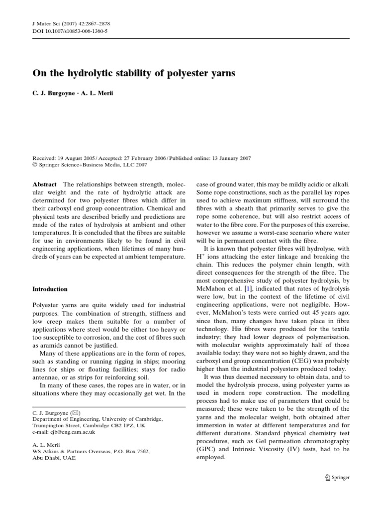 On The Hydrolytic Stability of Polyester Yarns | PDF | Polymers | Polyester