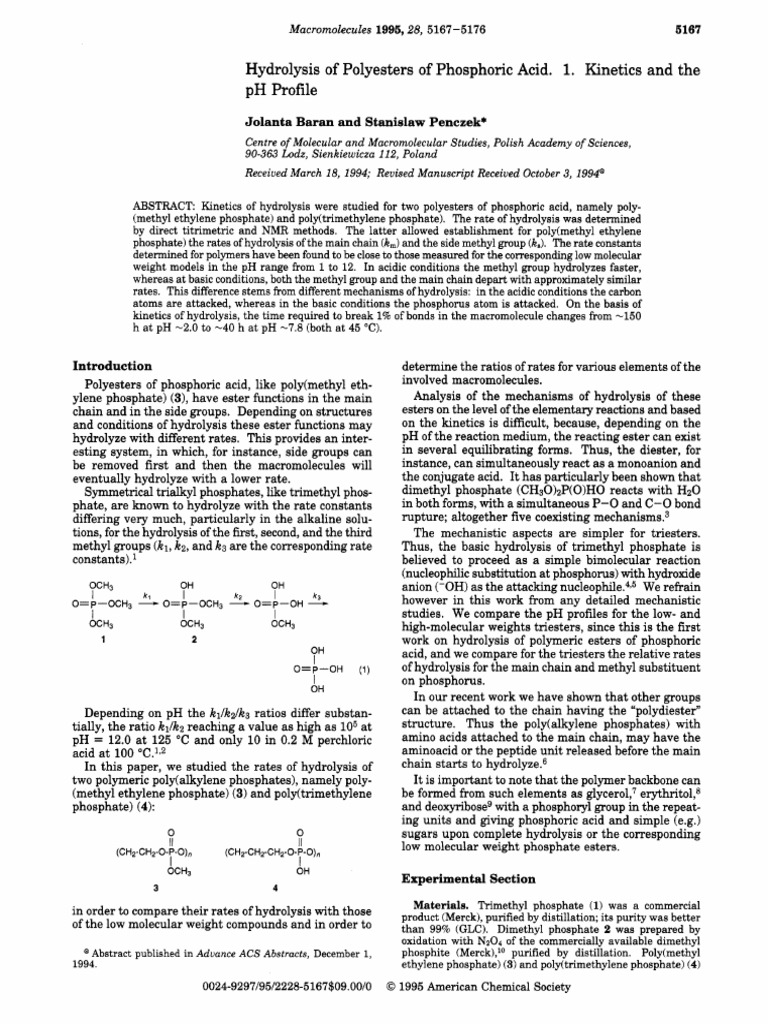 Hydrolysis of Polyesters of Phosphoric Acid. 1. Kinetics and The PH ...