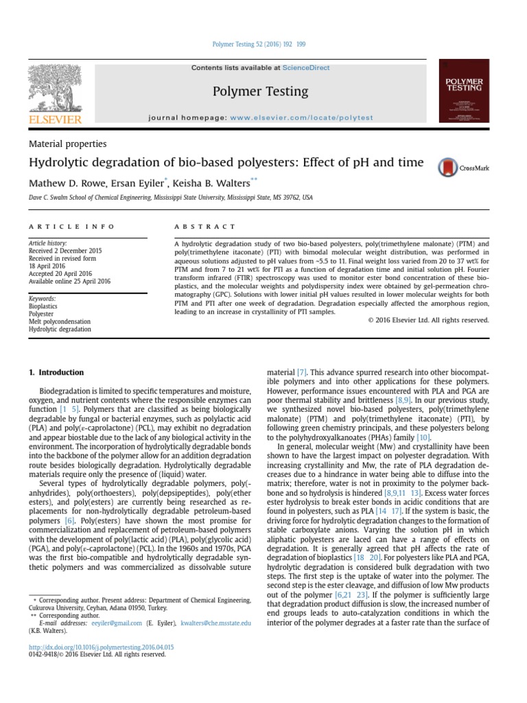 Hydrolytic Degradation of Bio-Based Polyesters-Effect of PH and Time ...