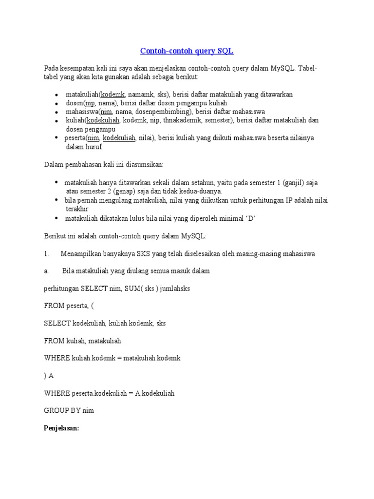 Contoh-Contoh Query SQL: Penjelasan | PDF | Metode & Bahan Ajar | Komputer