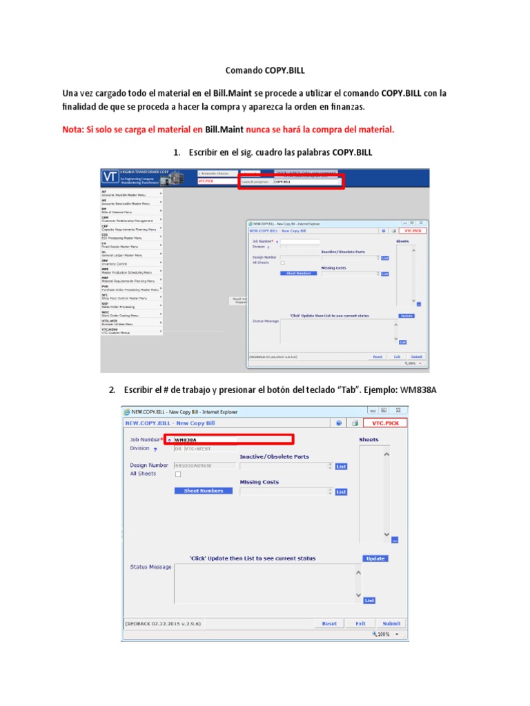 Instrucciones para utilizar el comando COPY.BILL en el sistema de ...
