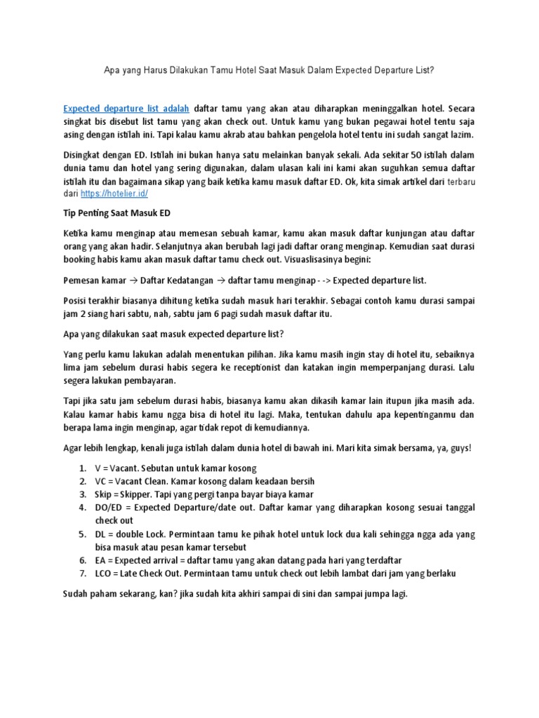 Apa Yang Harus Dilakukan Tamu Hotel Saat Masuk Dalam Expected Departure List | PDF