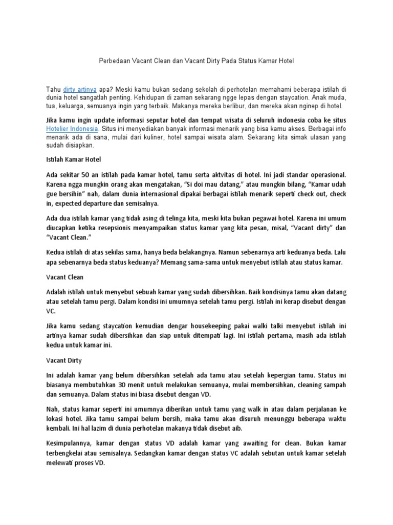 Perbedaan Vacant Clean Dan Vacant Dirty Pada Status Kamar Hotel | PDF