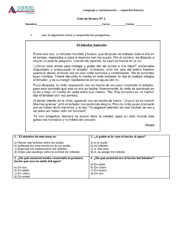 I. Lee El Siguiente Texto y Responde Las Preguntas.: El Leñador Honrado ...