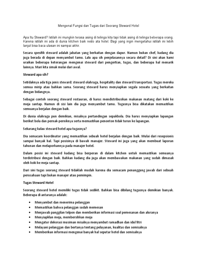 Mengenal Fungsi Dan Tugas Dari Seorang Steward Hotel | PDF