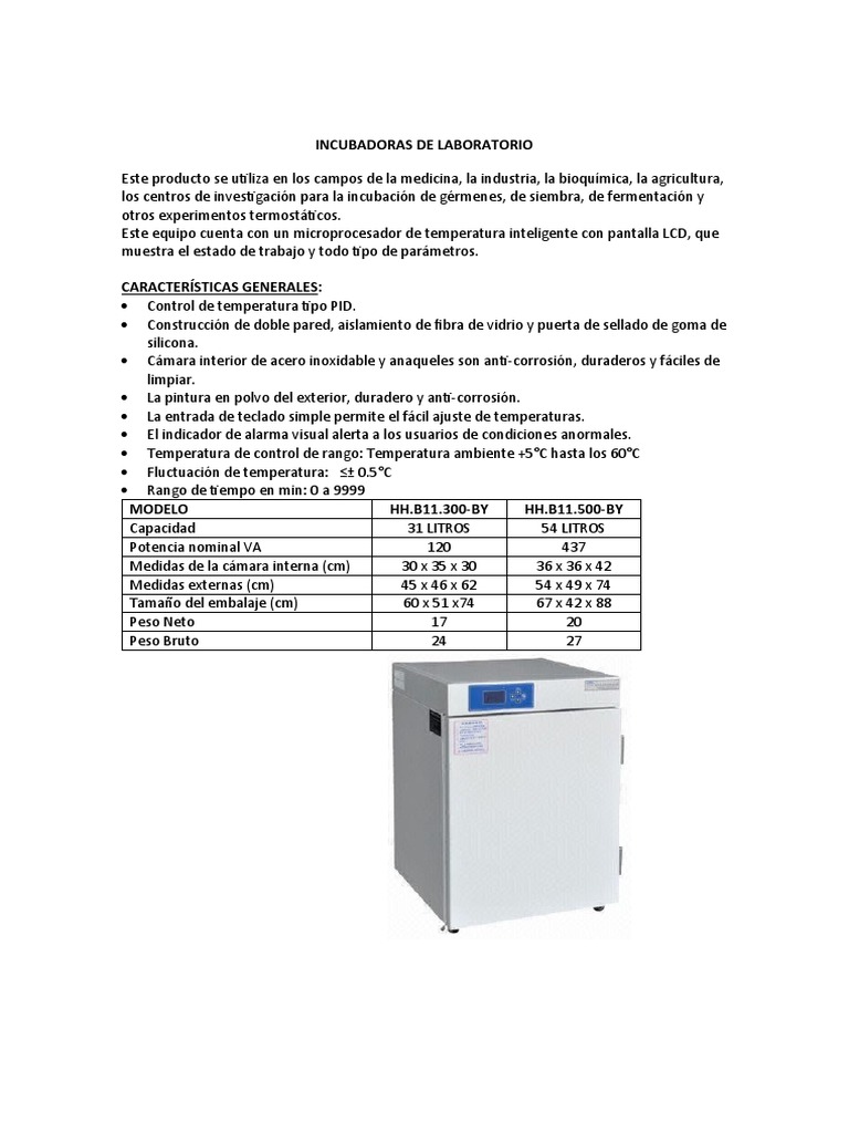 Incubadora de Laboratorio de 30 Litros HH.B11.300-BY y de 50 Litros HH.B11.500-BY | PDF