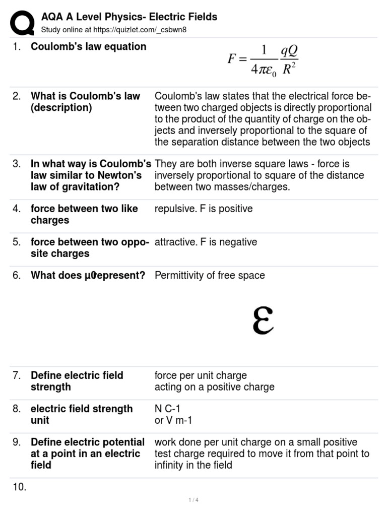 Electric Field Flashcards | PDF | Electric Field | Force