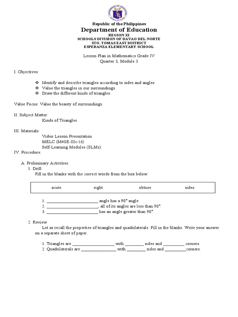 COT-LP in Mathematics Grade IV Module 3 Q3 | PDF | Triangle | Geometry
