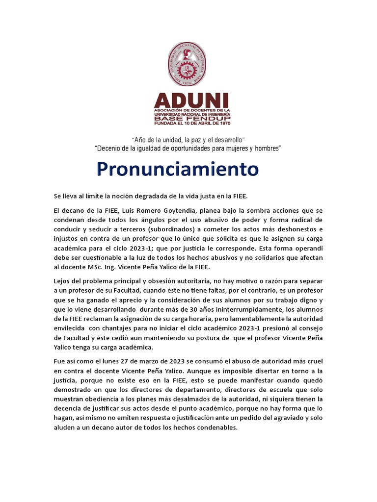 Pronunciamento Sobre El Profesor Vicente Peña 45 | PDF