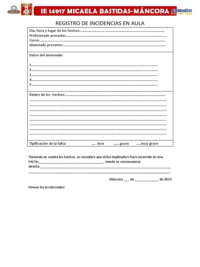 MODELO-REGISTRO-DE-INCIDENCIAS en Aula | PDF MODELO-REGISTRO-DE-INCIDENCIAS en Aula | PDF