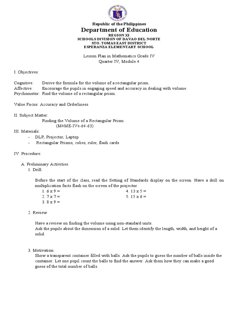 Lesson Plan in Mathematics Grade IV Week 5 Q4 | PDF | Length | Volume