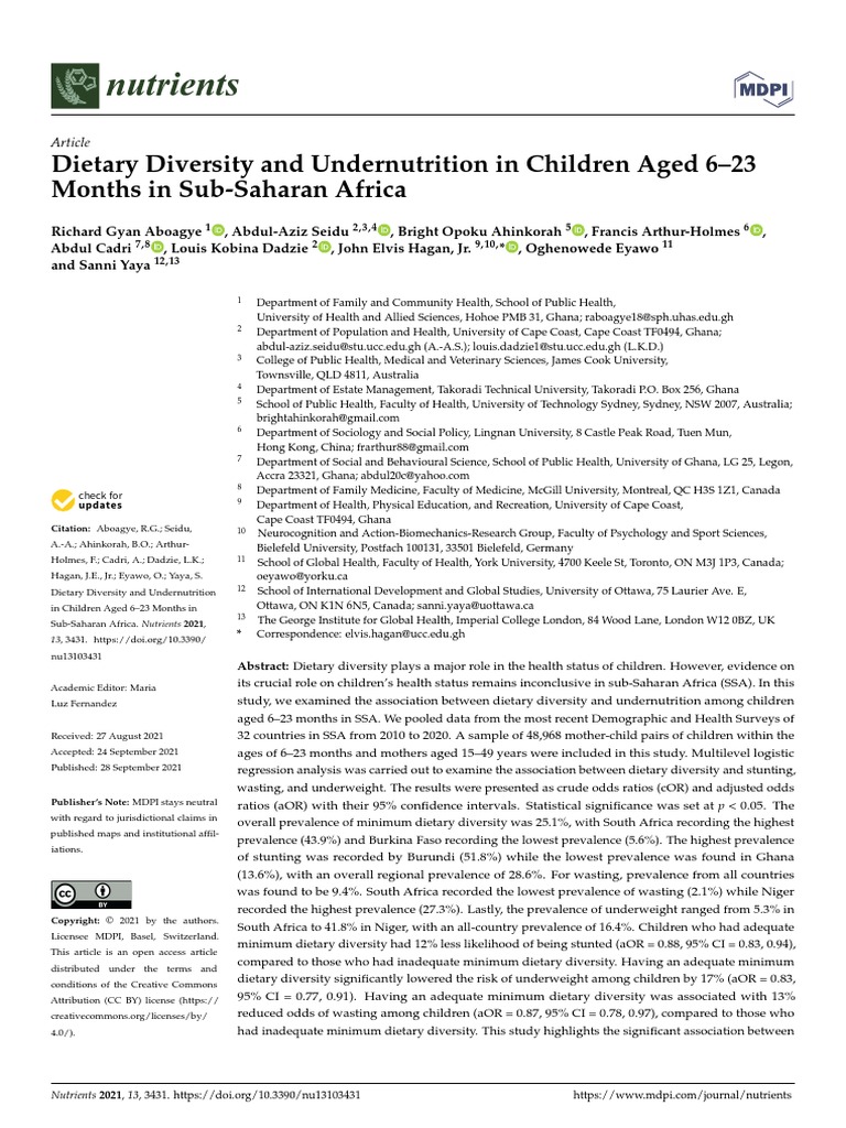 Dietary Diversity and Undernutrition in Children Aged 6-23 | PDF ...