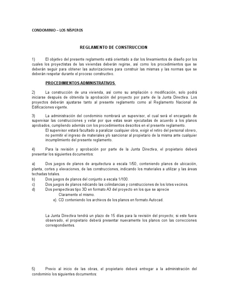 REGLAMENTO DE CONSTRUCCIÓN Los Nísperos | PDF | Condominio | edificio