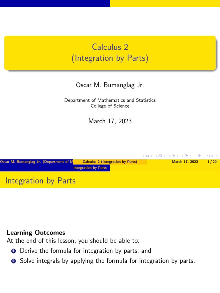Calculus 2 - Lecture 1 - Integration by Parts | PDF | Integral | Calculus