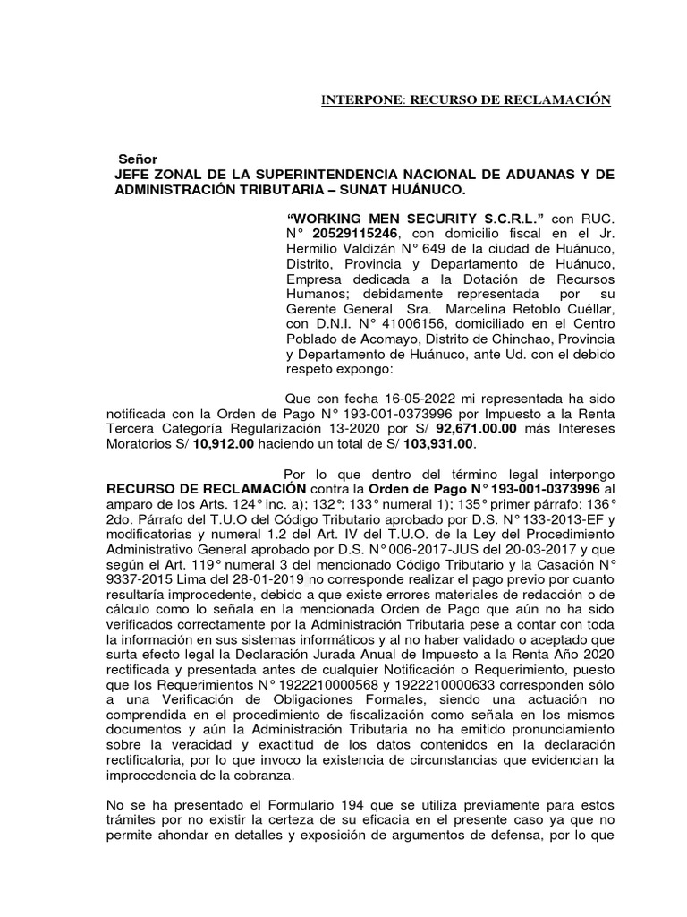 Escrito de Reclamación | PDF | Contralor | Impuestos
