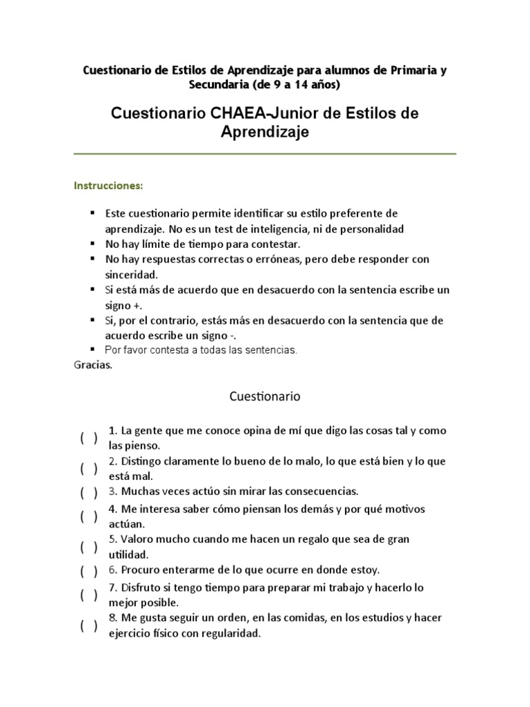 Cuestionario de Estilos de Aprendizaje Alumnos Primaria Secundaria | PDF | Cuestionario ...