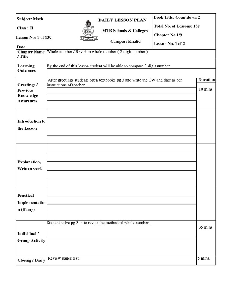 Lesson Plan Math Class II (42 Days) | PDF | Lesson Plan | Teachers
