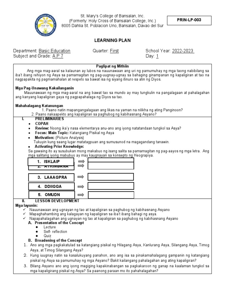 Learning Plan in A.P 7-10 | PDF