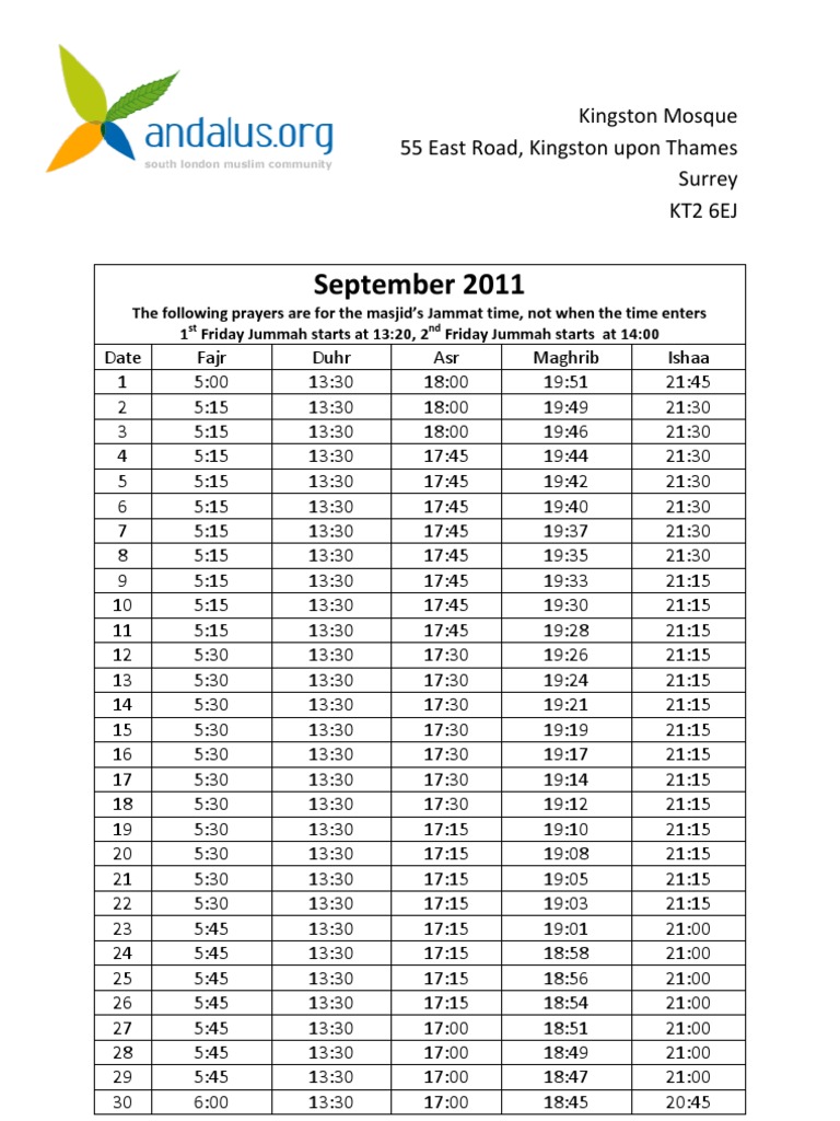 Kingston Mosque Prayer Timetable | PDF