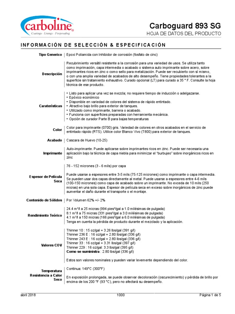 Epoxi Poliamida Carboguard - 893 - SG - PDS - Carboline | PDF | Hormigón | Acero
