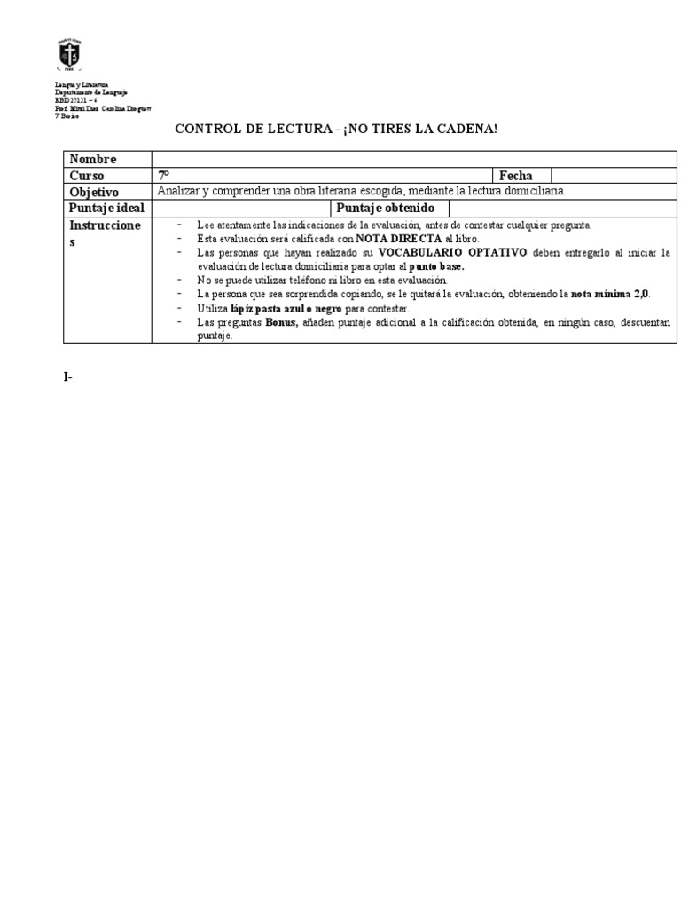 Control de Lectura - No Tires La Cadena | PDF