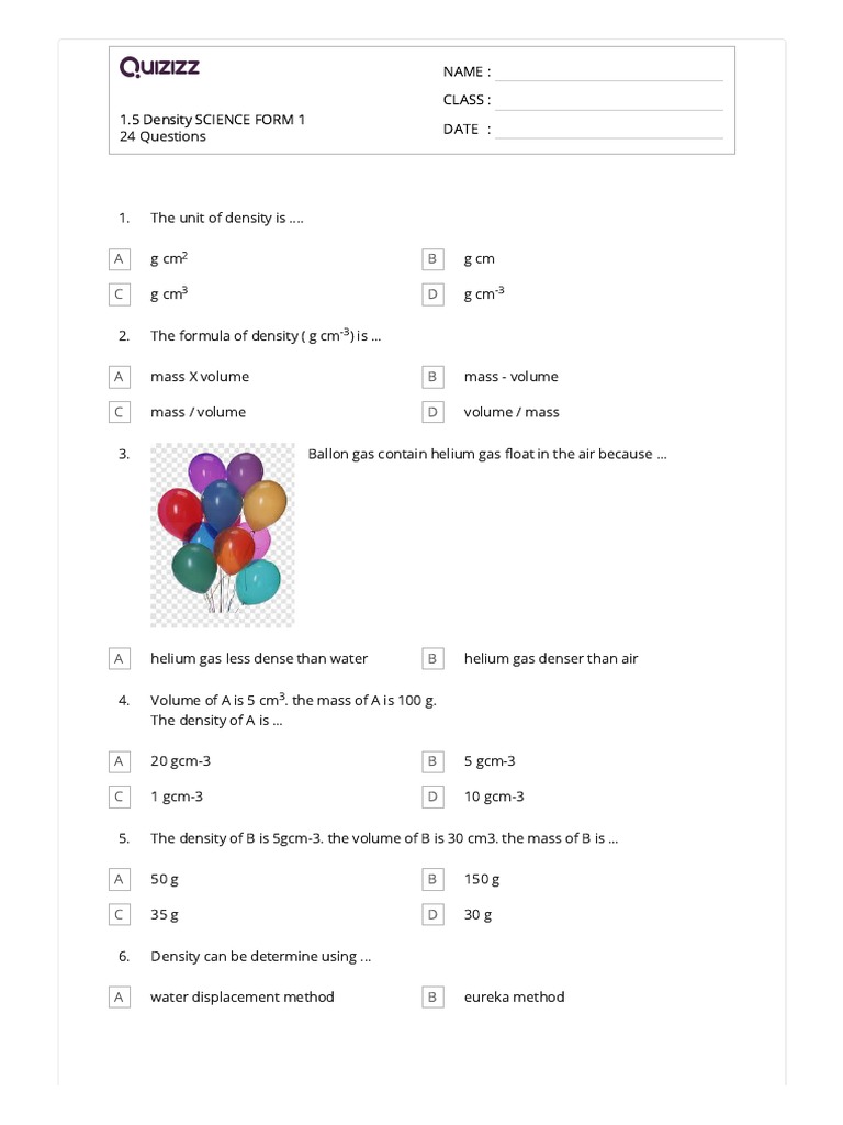 Density Quiz for Science Students | PDF | Art