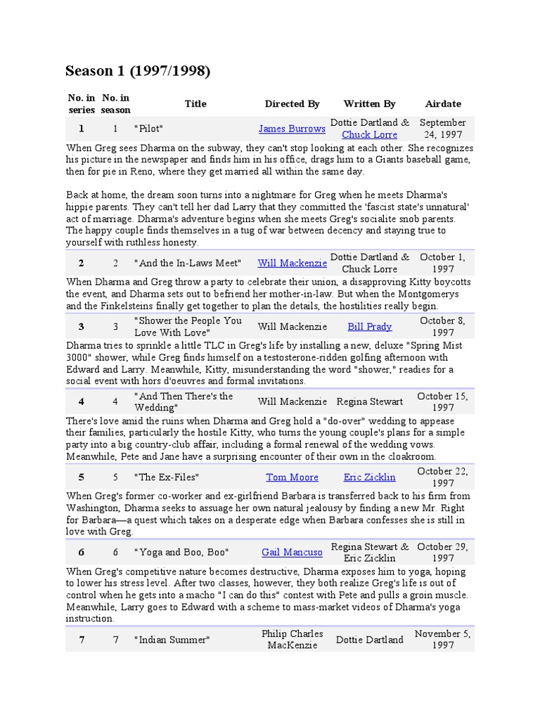 Dharma & Greg Season 1 Episode Guide | PDF