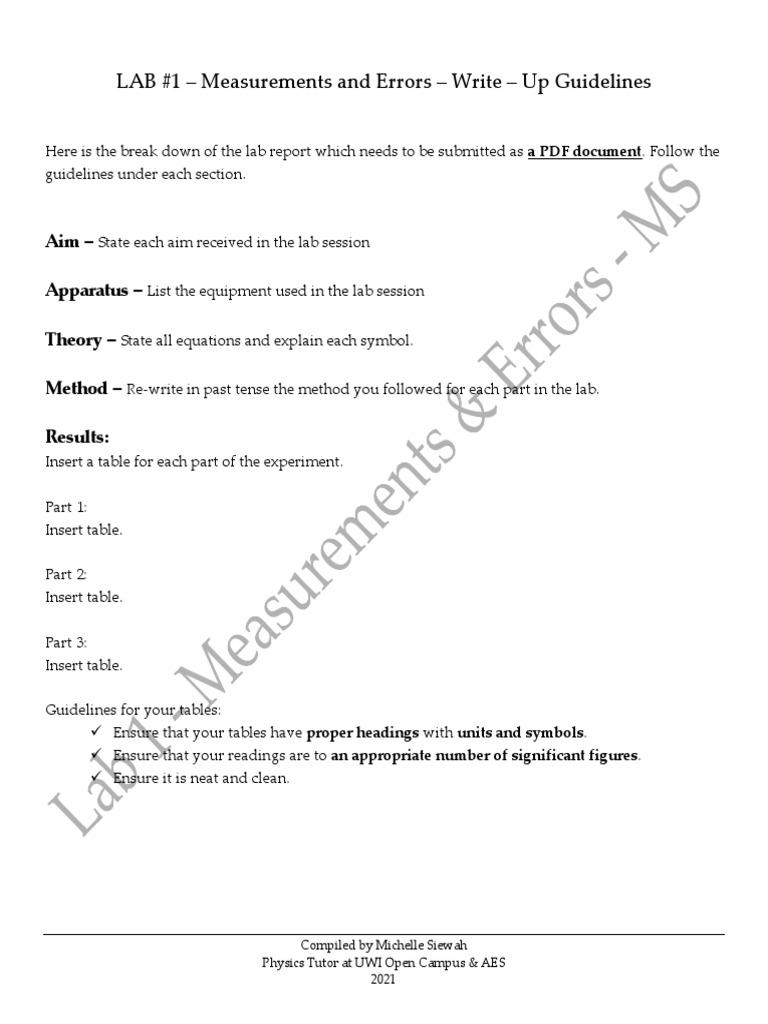 LAB 1 - Measurements and Errors Manual - Write Up Guidelines | PDF | Accuracy And Precision | Volume