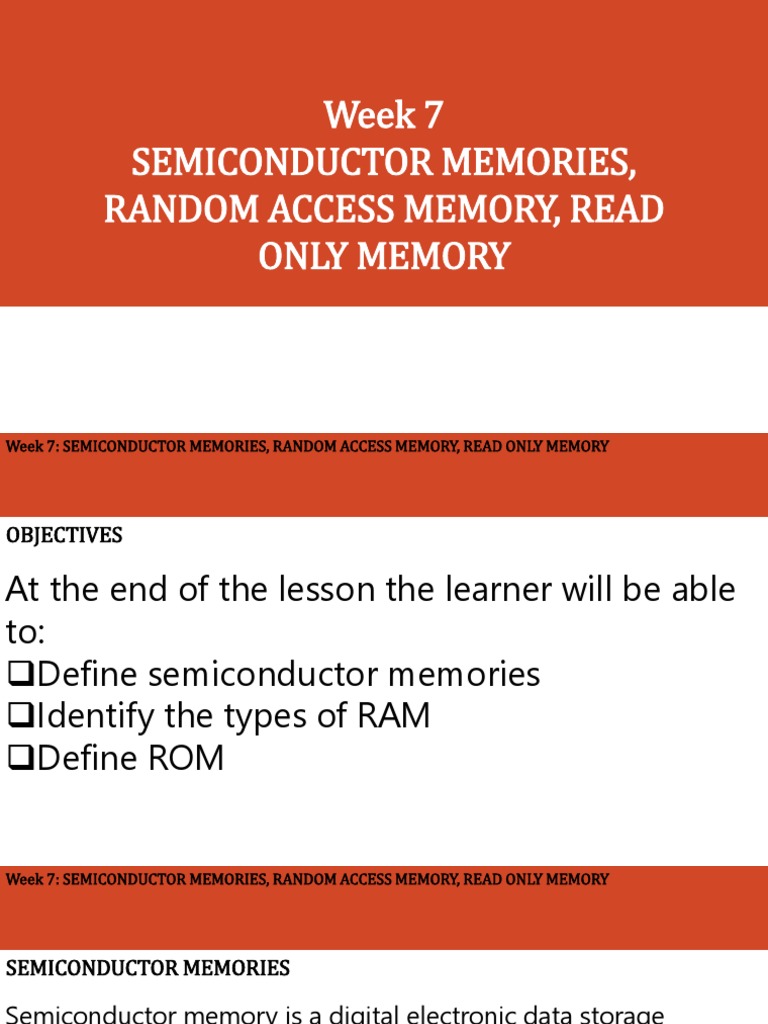 Week 7 Semiconductor Memories, Random Access Memory, Read Only Memory | PDF | Random Access ...