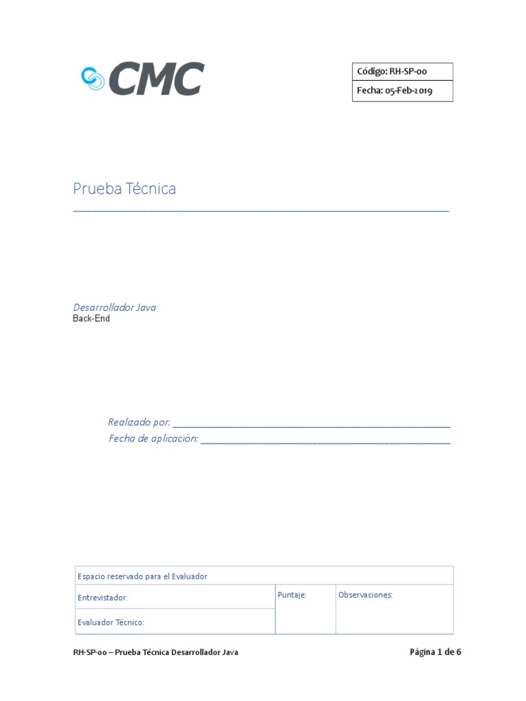 (RH-SP-00) - Prueba Tecnica Java Back-End | PDF | Java (lenguaje de programación) | C