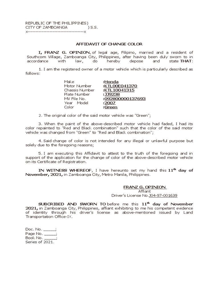 Affidavit of Change Color | Download Free PDF | Affidavit | Driving