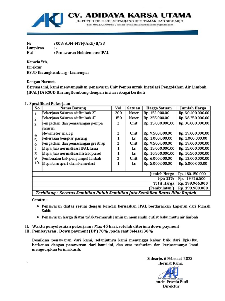 Penawaran Maintenance IPAL RSUD Karangkembang | PDF