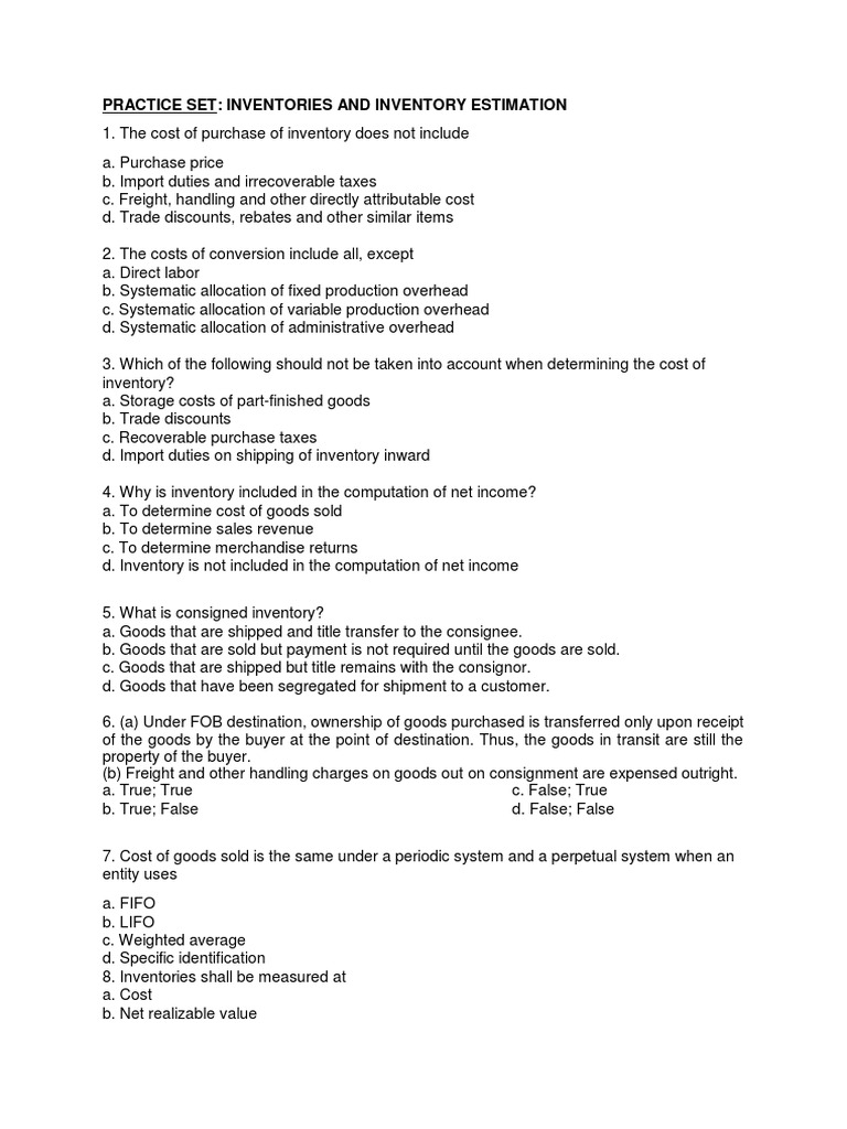 Practice Set Inventories Inventory Estimation | PDF | Cost Of Goods ...