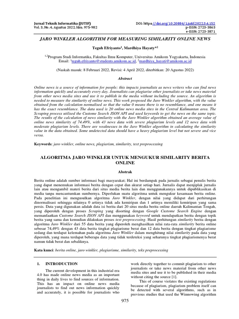 Jaro Winkler Algorithm For Measuring Similarity Online News | PDF