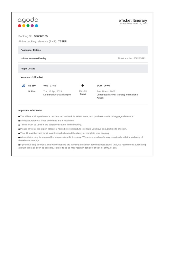 Agoda Booking ID 936588165 Eticket | PDF