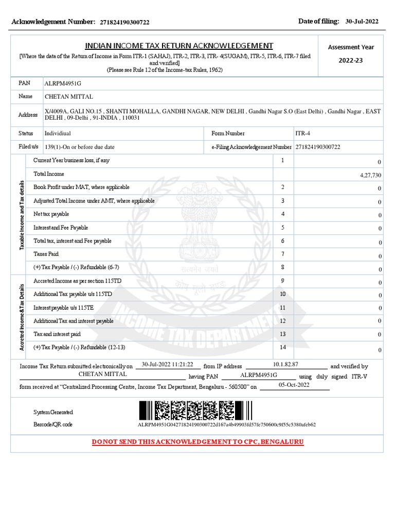 Indian Income Tax Return Acknowledgement: Acknowledgement Number: Date ...