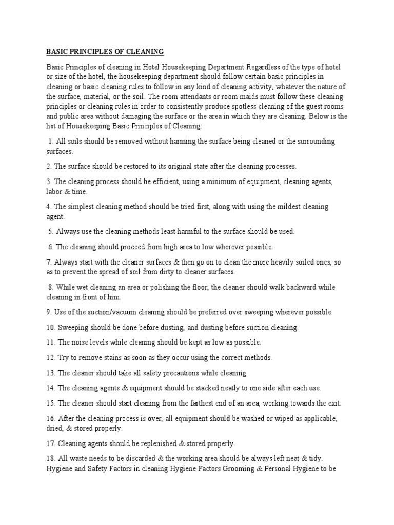 Housekeeping Cleaning Principles Guide | PDF | Housekeeping | Hygiene