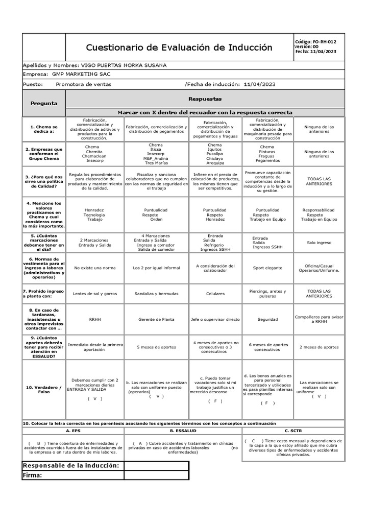 Cuestionario de Evaluación de Inducción (Modificado) - 1 | PDF