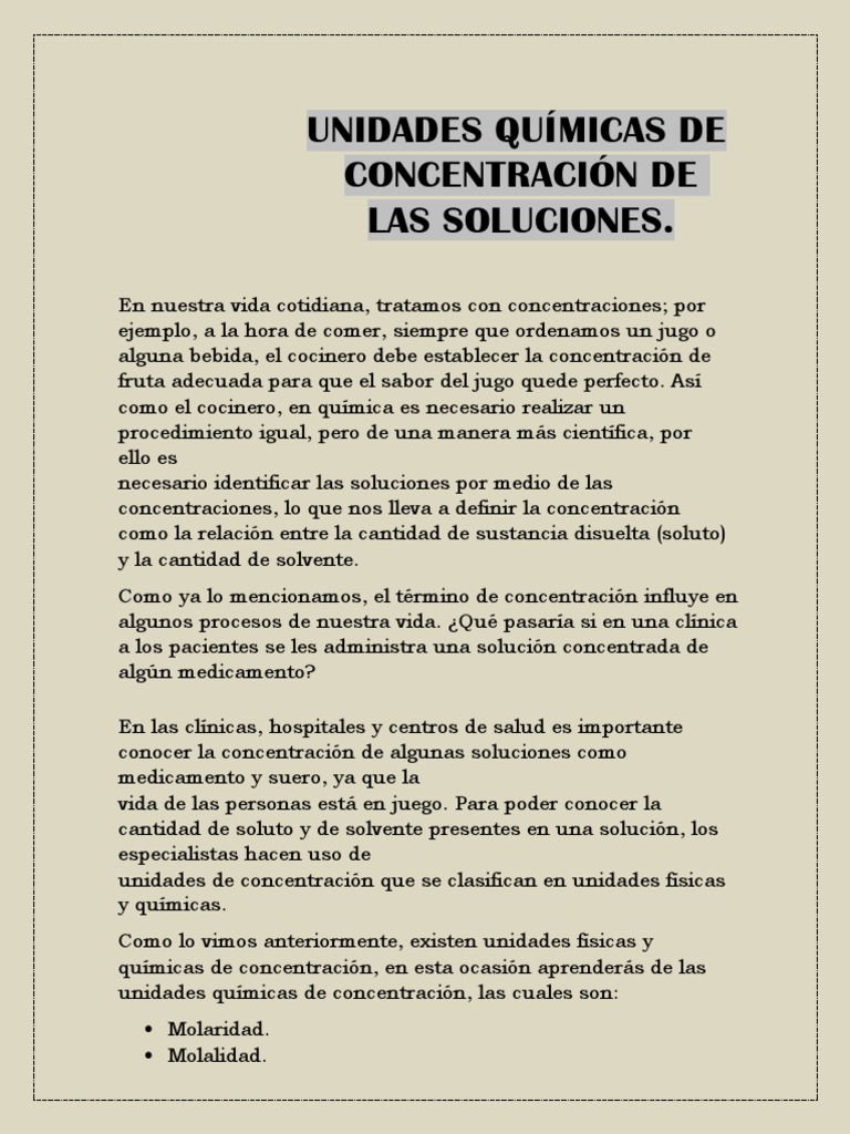 Unidades químicas de concentración de las soluciones | PDF | Concentración | Concentración molar