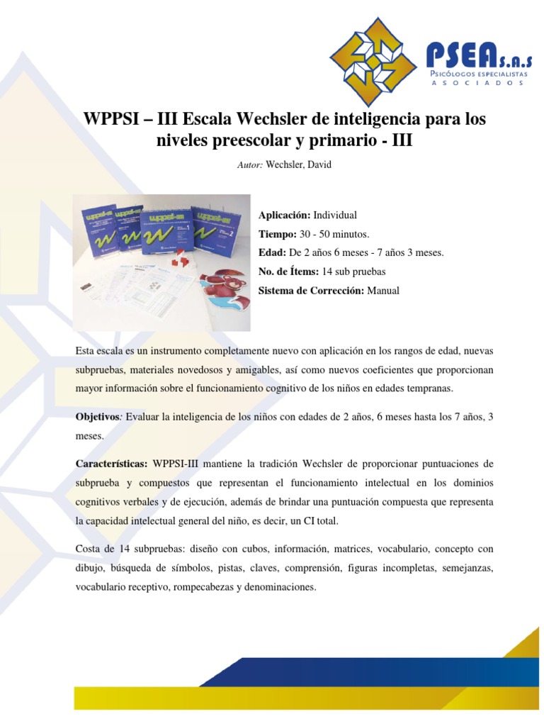 WPPSI - III Escala Wechsler de Inteligencia para Los Niveles Preescolar y Primario III | PDF