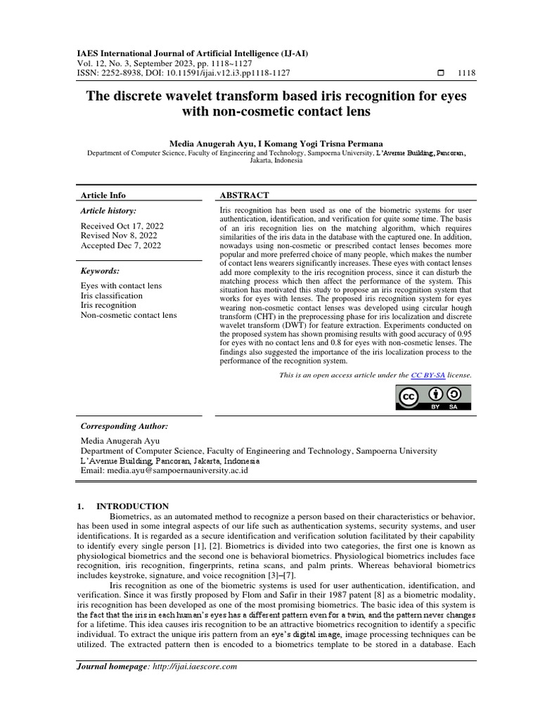 The Discrete Wavelet Transform Based Iris Recognition For Eyes With Non-Cosmetic Contact Lens ...