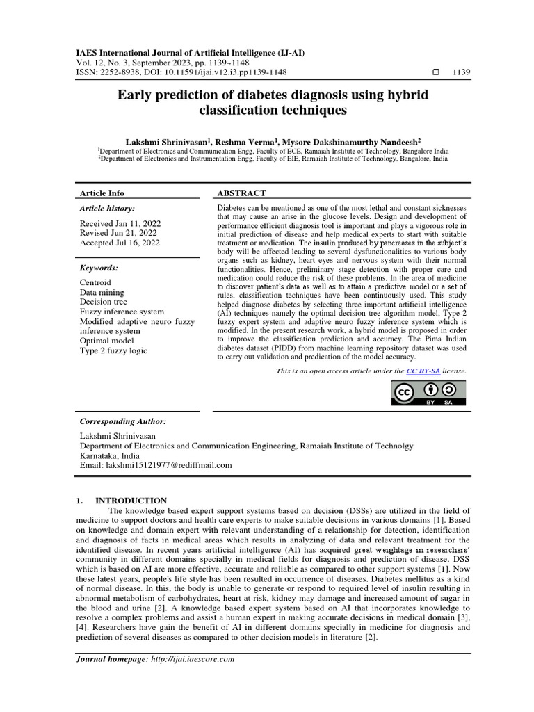 Early Prediction of Diabetes Diagnosis Using Hybrid Classification ... Early Prediction of Diabetes Diagnosis Using Hybrid Classification ...