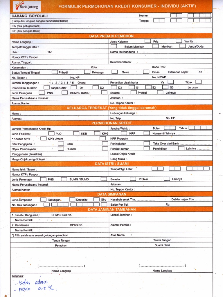Formulir Permohonan Kredit Konsumer Individu Aktif2 Bank Jateng | PDF