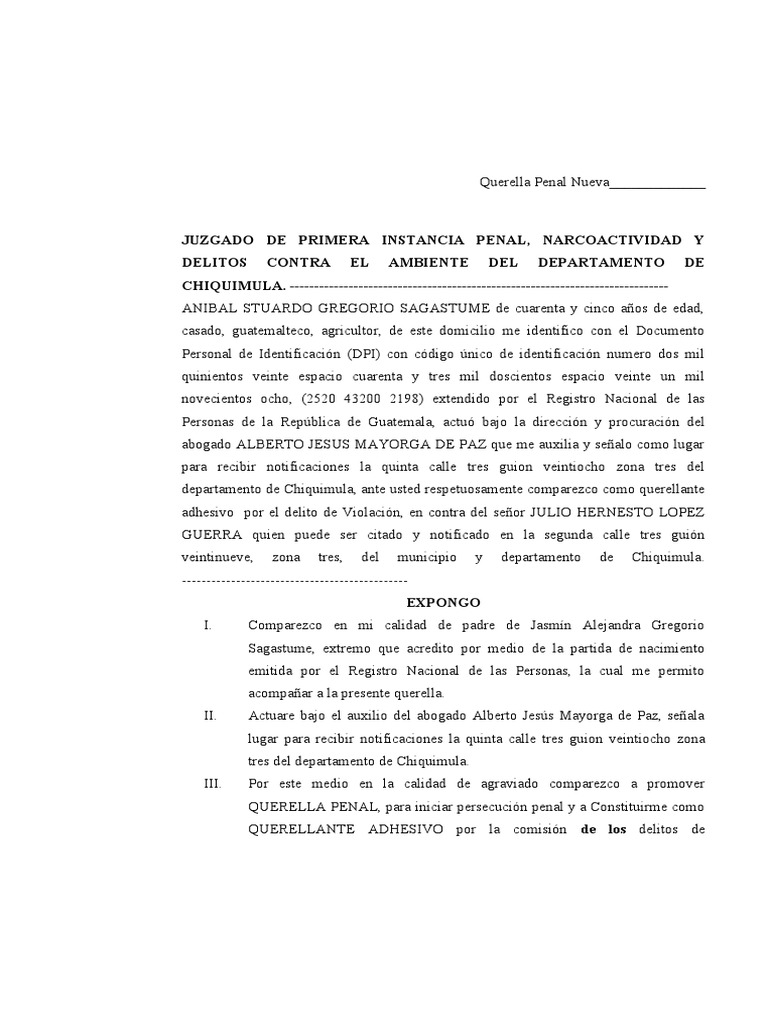 Querella Trabajo | PDF | Queja | Derecho penal