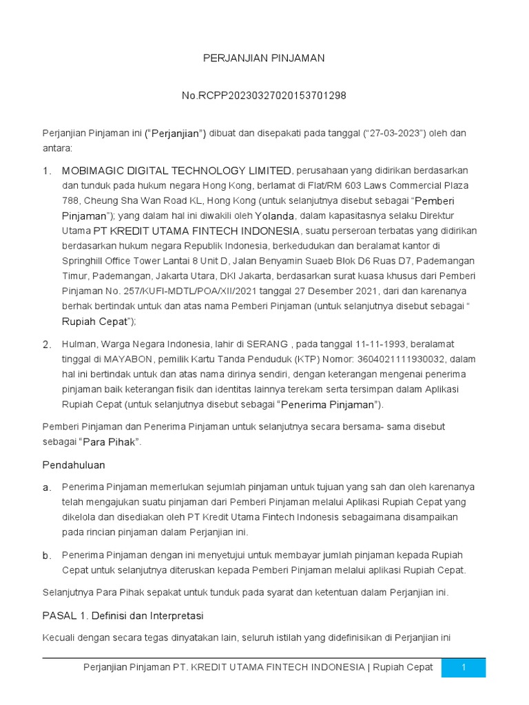 Perjanjian Pinjaman - 20230327 | PDF