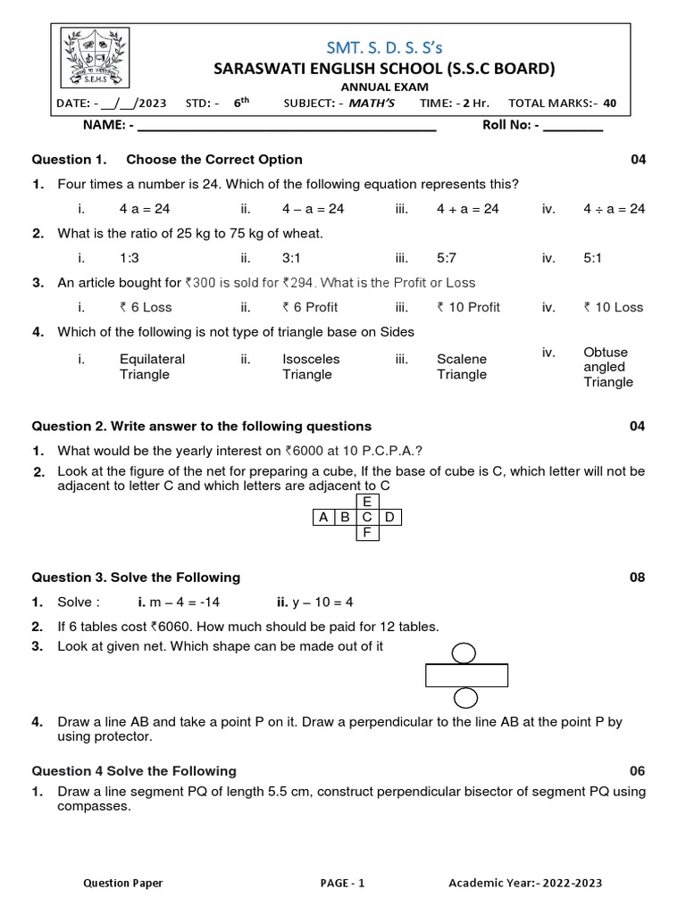 Maths QP 6th Annual | PDF | Triangle | Perpendicular