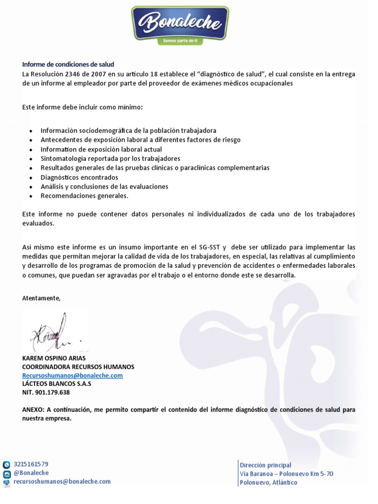 Informe de Condiciones de Salud: Atentamente | PDF | Medicina ...
