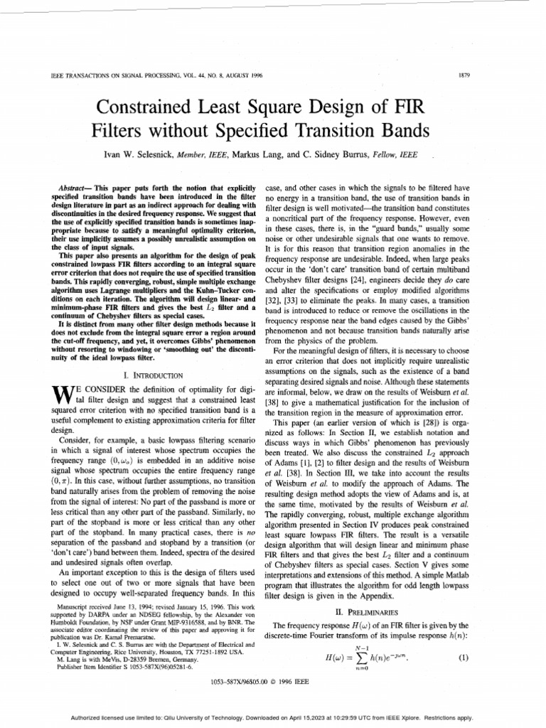 Constrained Least Square Design Filters Without Specified Transition ...