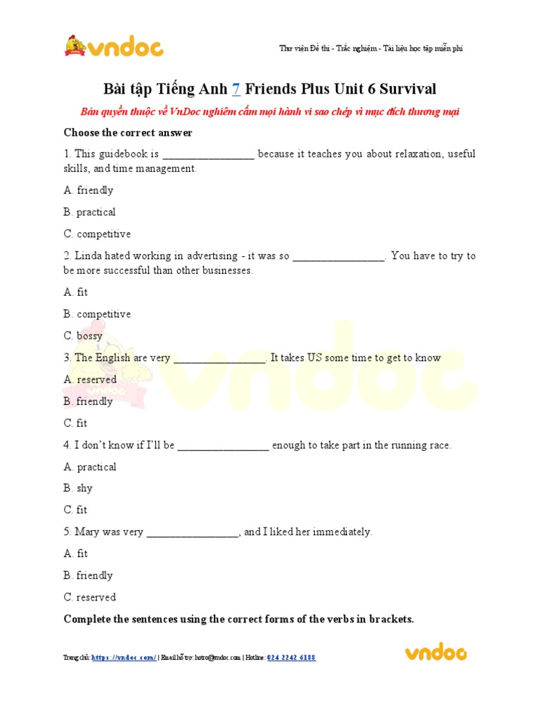 Bai Tap Tieng Anh 7 Friends Plus Unit 6 Survival | PDF