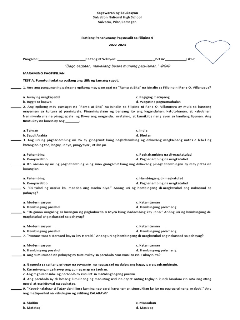 Ikatlong Panahunang Pagsusulit Sa Filipino 9 PRINT | PDF